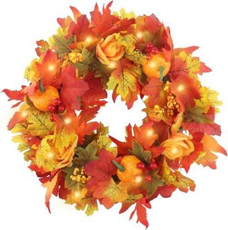 Chen Yu Couronne Automne Porte 45 cm Guirlande Feuilles Automne Guirlandes Artificielles de Feuilles Dérable Citrouille et Baies Suspension Intérieure Cheminé