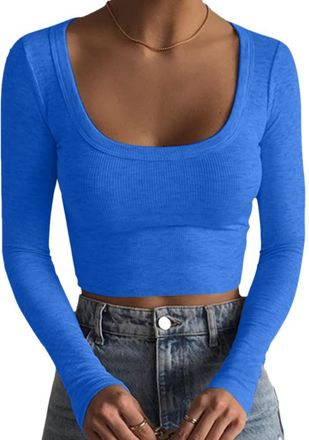 Minetom Damen Langarm T-Shirt mit Quadratischer Ausschnitt Basic Langarmshirt Crop Tops Bauchfrei Oberteile Sweatshirt Pullover Top Herbst Ribbed A Blau XS