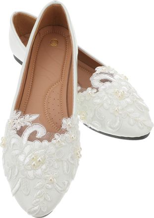 Holibanna Hochzeitsschuhe Damen Flach Mit Spitze Perlen Blumen Handarbeit Komfortable Brautschuhe F&uuml;r Feier Und Alltag Gr&ouml;&szlig;e 39