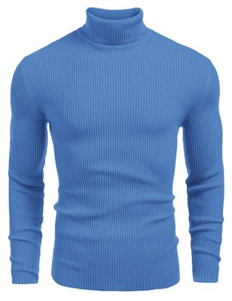 Coofandy Herren Rollkragenpullover Slim fit Feinstrick Langarmshirt Baumwolle Elastisch Rollkragen Pulli Blau 3XL