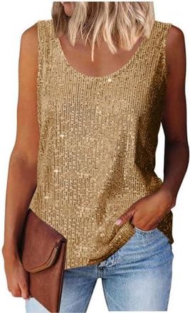 Onsoyours Débardeur Sequins Femme Gilet sans Manche à Paillettes Col en U Lâche Brillante Débardeur Tops Soiree Club A Or XL