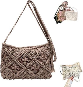 Generic Pochette minimaliste &agrave; pompons pour femme - Sac r&eacute;tro en corde de coton tiss&eacute; &agrave; la main, sac &agrave; main pour les vacances, la plage boh&egrave;me, marron, One Si
