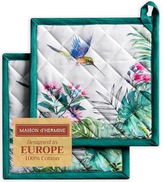 Maison d'Hermine Tropiques Lot de 2 maniques, 100% Coton, pour Barbecue, Cuisson, Four, Micro-Ondes, grillades, Printemps/&eacute;t&eacute;, P&acirc;ques, (20cm x 20cm)
