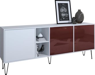 Vladon Sideboard Havana, TV-Schrank mit 3 Türen und 2 offene Fächer, Kommode Made in Germany, Weiß matt/Bordeaux Hochglanz (181,5 x 73 x 35 cm)