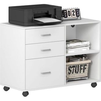 Soges Caisson de Bureau Mobile &agrave; roulettes Verrouillables, Meuble de Rangement de Dossiers avec 3 Tiroirs, Support dImprimante, Blanc