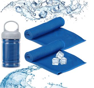 Relaxdays 8 x K&uuml;hlendes Handtuch, Mikrofaser, K&uuml;hlt&uuml;cher Hals, Sport & Fitness, mit Box, K&uuml;hlhandtuch Yoga, 90 x 30 cm, blau