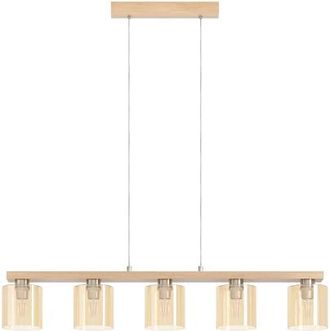 Eglo Hängelampe Castralvo, 5-flammige Pendelleuchte Esstisch, Hängeleuchte aus Glas in amber und Holz in Natur, Esszimmerlampe hängend, E27 Fassung, 121 cm