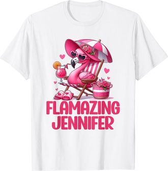 BDAZ Flamazing Jennifer Pink Flamingo Tropische Strandszene für Damen T-Shirt