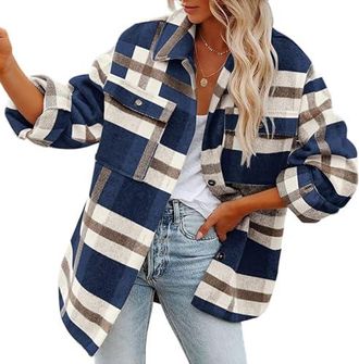 Generic Manteaux pour femmes 2025 en flanelle à carreaux, chemise boutonnée à manches longues, manteaux dautomne, bleu marine, XXL