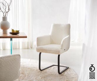 DELIFE Freischwinger Heira-Flex mit Armlehnen Boucl&eacute; Wei&szlig; Freischwinger flach Schwarz Taschenfederkern, Esszimmerst&uuml;hle