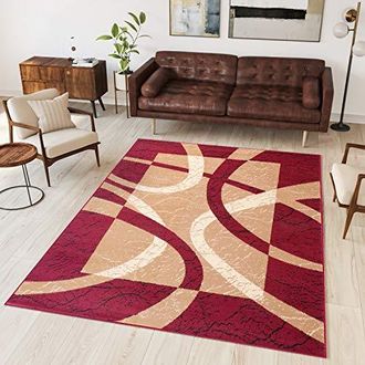 Tapiso Dream Tapis de Salon Chambre Salle &agrave; Manger Adulte Bureau Design Moderne Rouge Beige Abstrait Motif Cercles Vagues Bordure Poil Court Fin Doux L&eacute;ger R