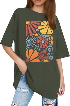 Generico T-shirt &agrave; manches courtes pour femme Oversize vintage avec col rond imprim&eacute; lettres chemisier d&eacute;t&eacute; en coton avec noeud floral T-shirt d&eacute;contract&eacute; et a