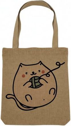 Fabulous Sac Shopping Tote Bag Aspect Lin - Chat Pelotte de Laine Dessin Mignon Kawai - Sac de Courses Toile Epaisse 360g Beige Naturel Cabas Port&eacute; Epaule Soli