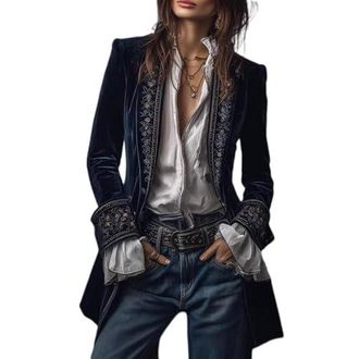 Generic Veste vintage en velours brod&eacute; pour femme, coupe ajust&eacute;e, tendance, l&eacute;g&egrave;re, gothique, dentelle, pirate, bleu marine, XXL