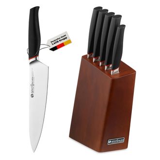 Greta Magnusson-Grossman Bryant Messerblock 5-teilig - K&uuml;chenmesser Set mit schwarzen Griffen - deutsche Edelstahlklingen - Messerhalter aus Gummibaumholz in Kupferbraun - rut