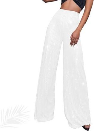 Generic Pantalon palazzo taille haute &agrave; paillettes pour femme - Pantalon de f&ecirc;te scintillant, blanc, 3XL