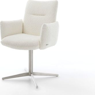 DELIFE Drehstuhl Jova-Flex mit Armlehnen Bouclé Weiß Fußkreuz Edelstahl 360° drehbar Taschenfederkern, Esszimmerstühle