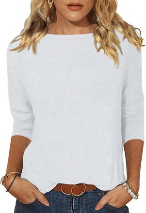 Minetom Tshirt Damen 3/4 Arm Shirt U-Boot Ausschnitt Leichte Pullover Tops Basic Oberteil Sommer Herbst A Wei&szlig; XXL