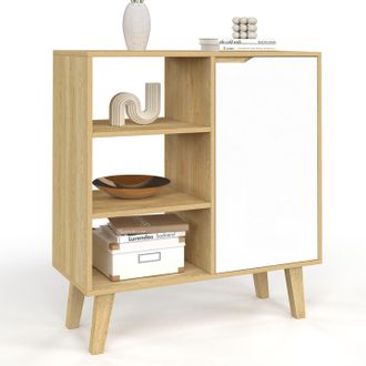 IDMarket Anrichte mit 3 Einlegeböden und Schrank 70 cm Finn, Weiß und Holz in Buche-Optik