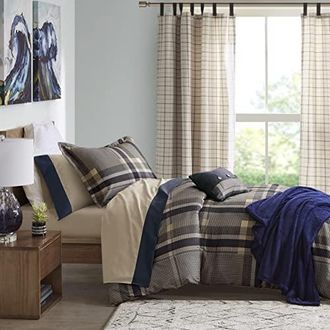 INTELLIGENT DESIGN Robbie Twin XL Größe Bettdecken-Set Bett in Einer Tasche - Blue Navy, Plaid - 7 TLG Bettwäsche Sets - Ultra Soft Mikrofaser Schlafzimmer Schmusetuch