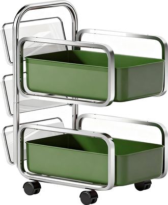 Generic Rollwagen mit 2 Ebenen Rahmen Aus Karbonstahl mit Herausnehmbarer Schublade und 2 Feststellbaren Rädern für Enge Stellen In Küche und Wäscherei(Green)