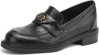 Generic Mocassins Femme Bout Rond Cuir Artificiel Accent Fleur Talons Bas Épais Slip on Bureau Travail Chaussures Casual Robe,Noir,38.5 EU