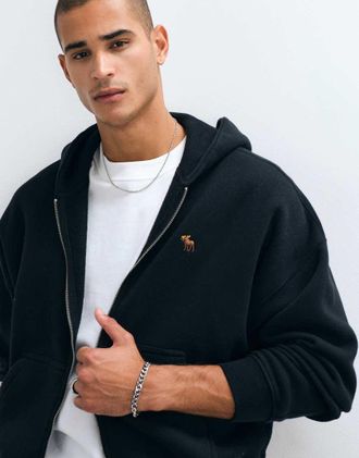 Abercrombie & Fitch Hoodie mit Rei&szlig;verschluss und Icon-Logo in Schwarz