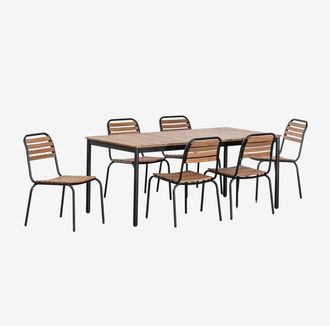 Sklum Set aus rechteckigem Artus-Tisch 160 x 90 cm und 6 stapelbaren Gartenst&uuml;hlen aus Stahl und Akazienholz Schwarz - Sklum