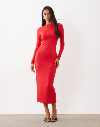 AFRM Juniper Strick-Cr&ecirc;pe-Midikleid mit Mock-Neck und langen &Auml;rmeln in Rot