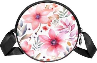 Generic Petit sac &agrave; bandouli&egrave;re circulaire pour femme, motif feuilles florales, sac &agrave; dos avec fermeture &eacute;clair, bretelles r&eacute;glables, sac &agrave; main rond d&eacute;contra