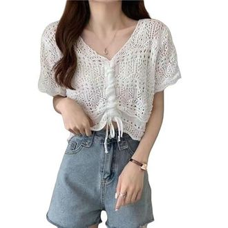 Generic D&eacute;bardeur en Tricot Crochet&eacute; pour Femme, Haut Court avec Bordure en Dentelle, Col en V, Cordon De Serrage, Tendance, Ajour&eacute;, Motif Floral, Manches Cou