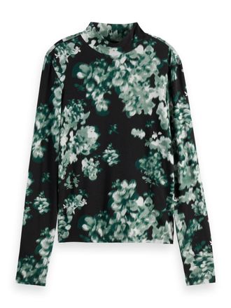 Scotch & Soda Damen T-Shirt All Over Printed Mock Neck Ls T-Shirt, Nieuw Blossom Print Park Green,XL
