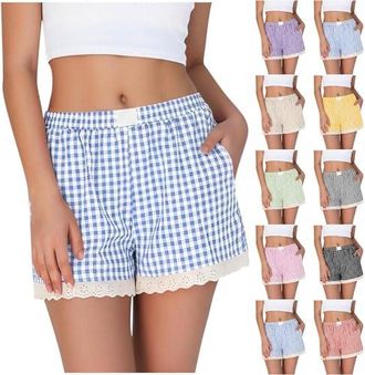 Generic Short de pyjama &agrave; carreaux avec bordure en dentelle pour femme - Pantalon de pyjama vichy d&eacute;contract&eacute; d&eacute;t&eacute; Y2K - Taille &eacute;lastique - Boxer court doux e