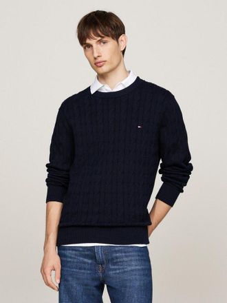 Tommy Hilfiger Strickpullover CLASSIC CABLE CREW NECK mit Strukturstrick und Flaglabel unifarben, casual, regular fit, Baumwolle, Rundhals
