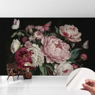 Tulup Carta Da Parati Adesiva - Fotomurale - Facile Da Applicare - Per La Soggiorno - Camera Da Letto - Peonie E Farfalle 416x254 Cm