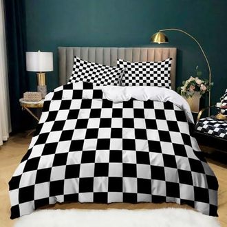 Generic Dessin Animé Housse de Couette 180x200 Damier Noir et Blanc 3D Imprimé Parure de Lit Garçon Fille en Microfibre Chambre Décor Housse Couette avec Ferm