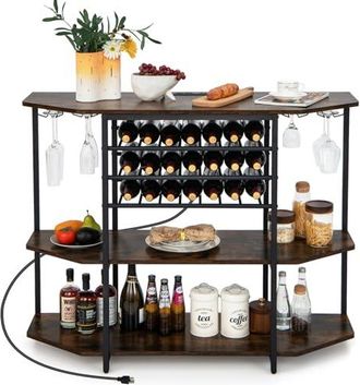 Giantex Casier &agrave; Bouteilles avec Prise, Porte-Bouteilles &agrave; 3 Niveaux pour 21 Bouteilles, 2 Ports USB, Pieds R&eacute;glables, Portes-Verres, &Eacute;tag&egrave;re &agrave; Vin pour Cuisi