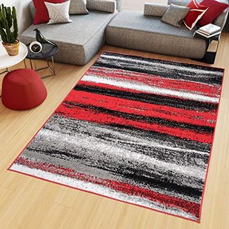 Tapiso Maya Tapis Poil Court Moderne Gris Rouge Blanc Noir Mouchet&eacute; Motif Ray&eacute; Tapis Salon Chambre Salle &agrave; Manger Adulte Bureau Oeko-TEX R&eacute;sistant 200 x 200 