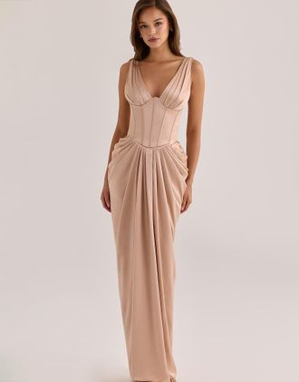 House of CB Angeline - Satin-Maxikleid in Champagner mit Korsettdetail-Rosa