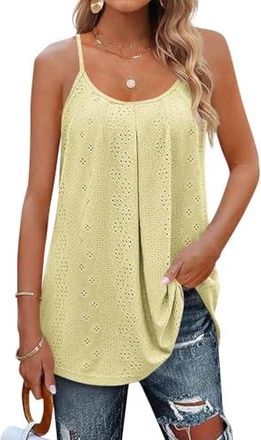 TOMWELL Débardeurs Femme Jacquard Décontracté Lâche Halter Été Top Haut Bretelles Spaghetti Chemise Fluide Ample Camisole Hauts A Jaune S