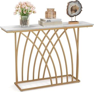 Costway Table Console, Meuble dEntr&eacute;e en Faux Marbre, Design G&eacute;om&eacute;trique Moderne, Cadre en M&eacute;tal Dor&eacute;, Kit Anti-Basculement Inclus, pour Entr&eacute;e, Couloir