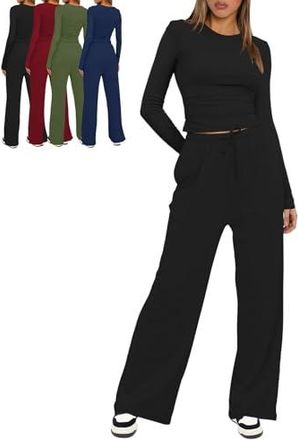 Generic Ensemble d&eacute;contract&eacute; pour femme T-shirt fronc&eacute; et pantalon &agrave; cordon de serrage, a, XXL