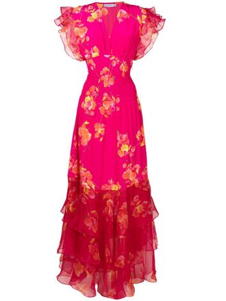 Isolda robe longue en soie Pri &agrave; fleurs - Rose