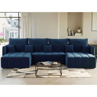 Best Mobilier Petra - wohnlandschaft u-form - 7-sitzer - mit schlaffunktion - mit bettkasten - aus samt - nachtblau