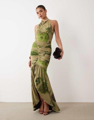 Asos Robe longue &agrave; col b&eacute;nitier montant en tulle fleuri avec fente volant&eacute;e - Vert-multicolore