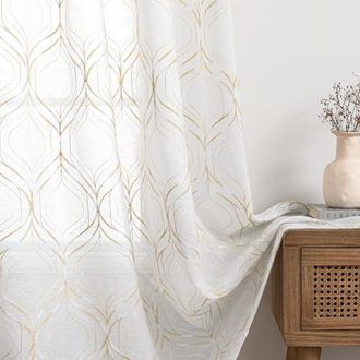 Miulee Rideau Voilage avec Beau Motif, Rideau Transparent Salon à Oeillets, Tissu Tulle Blanc et Jaune Brodé avec Motif en Losange, Parfait pour Salon Modern