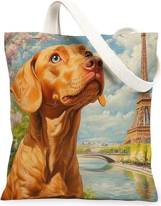 Generic Spring Vizsla Sac fourre-tout en toile pour faire du shopping 33 x 38,1 cm, sac d&eacute;picerie r&eacute;utilisable en tissu pour femme, peinture danimaux domestiq