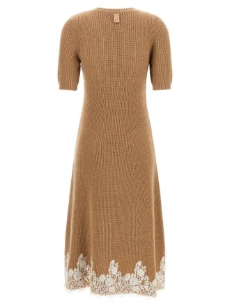Alberta Ferretti Lace-Trimmed Ribbed Knit Dress - Camel