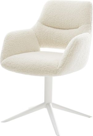 DELIFE Esszimmerstuhl Yago-Flex mit Armlehnen Fu&szlig;kreuz Wei&szlig; Teddystoff Beige 360&deg; drehbar Wippfunktion Taschenfederkern