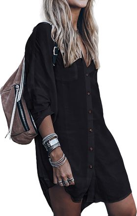 Bsubseach Schwarz Langarm Bikini Cover Up f&uuml;r Damen Loose Button Down V Neck Bademode Beach Shirt Tunika Kleid